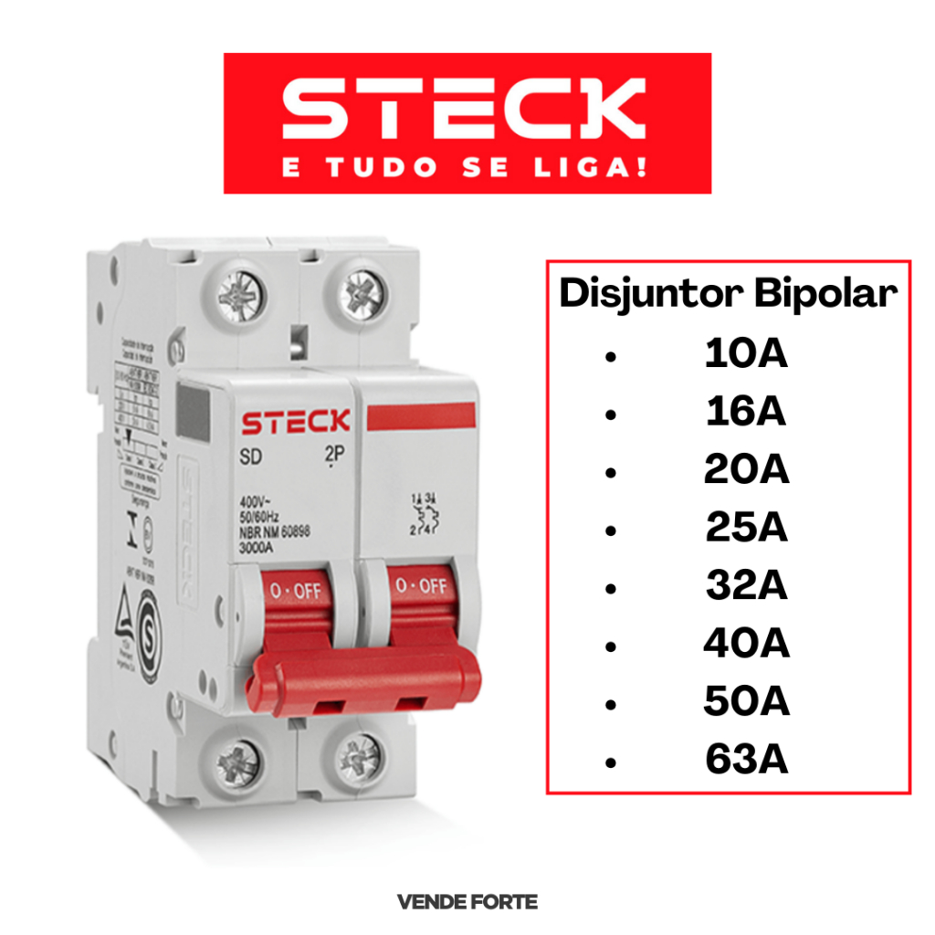 Disjuntor STECK Bipolar Bifasico 10A | 16A | 20A | 25A | 32A | 40A | 50A | 63A HOMOLOGADO ...