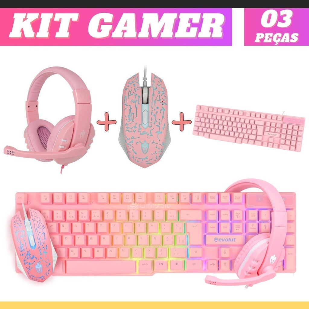 Kit Gamer Rosa LED RGB Teclado Semi Mecanico + Mouse + Headset Evolut ...