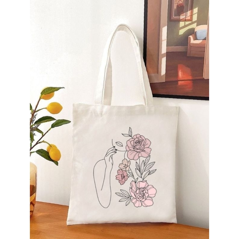 Bolsa ecobag silhueta floral amarelo e rosa | Shopee Brasil