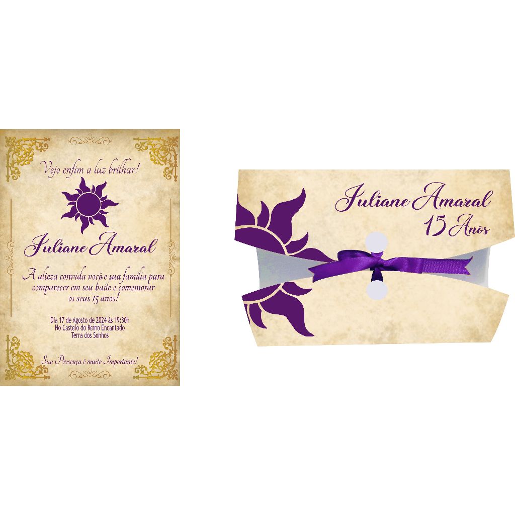 Convite 15 anos Rapunzel com Envelope - Corre Que Ta Baratinho