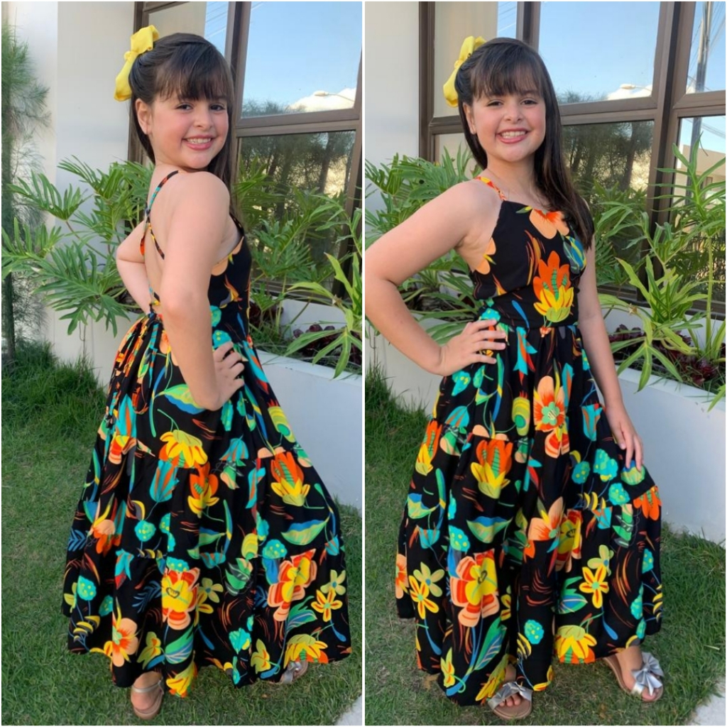 Vestido Longo Meninas Moda Infantil Juvenil Verão Rodado Sem Manga ...