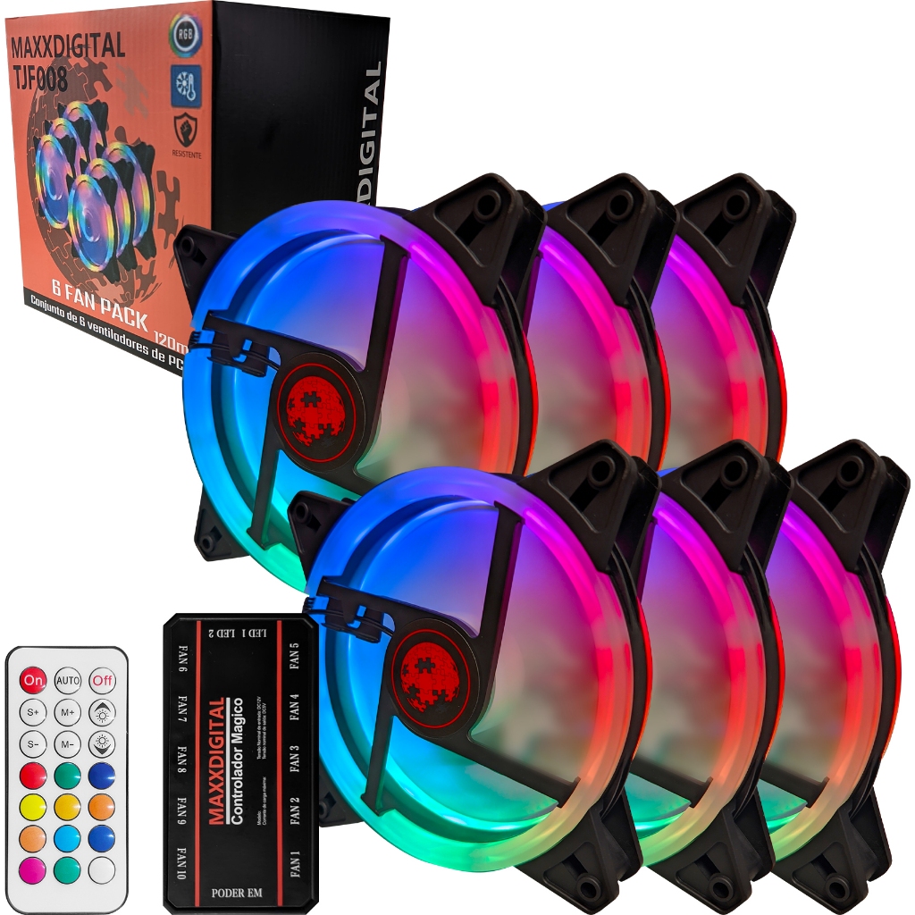 Kit 6x Cooler Fan Rgb 120mm + Controladora Ring Colorido MaxxDigital ...