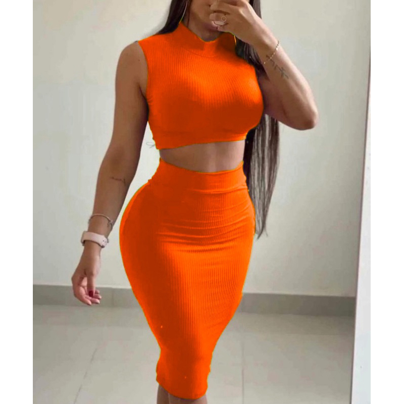 Conjunto feminino Canelado 2 peças Midi Gola Alta Saia + Croppet ...