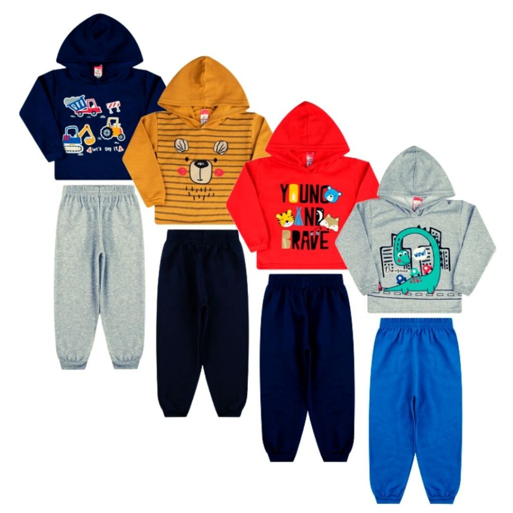 Kit 4 Peças Moletom Com Capuz Conjunto Infantil Menino Inverno ...