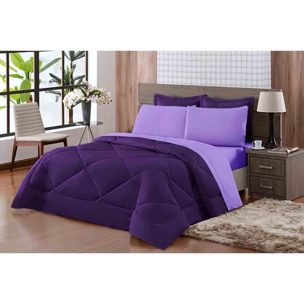 Kit Edredom CONFORTO Casal Padrão Dupla Face Lilás Roxo com 5 peças ...