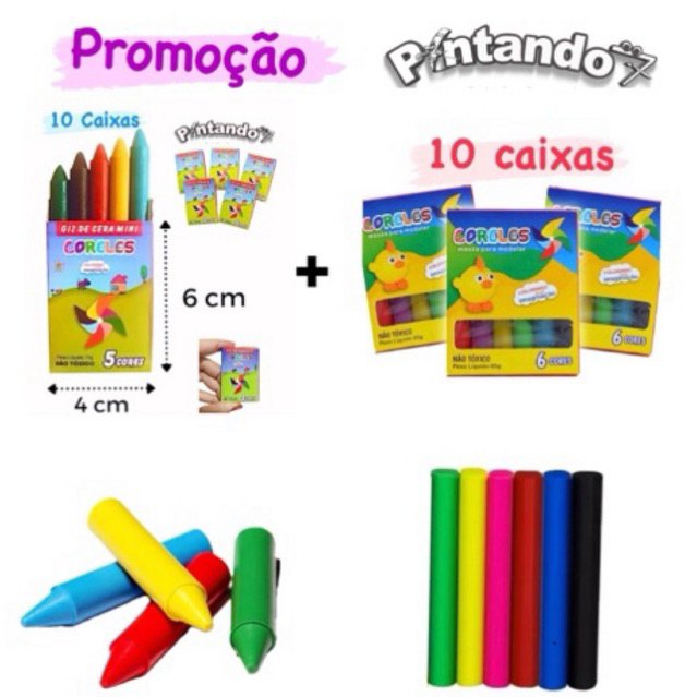 Kit 10 Cxs de Massinha 6 cores 65g+10 Cxs Mini Giz de cera 5 Cores | Shopee Brasil
