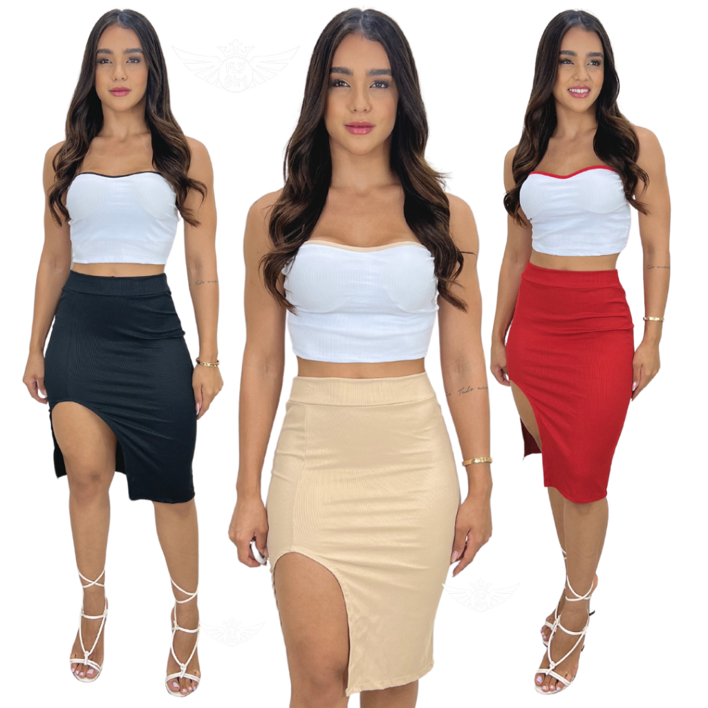 Conjunto Feminino Cropped top com Saia midi com recorte Lateral BI ...