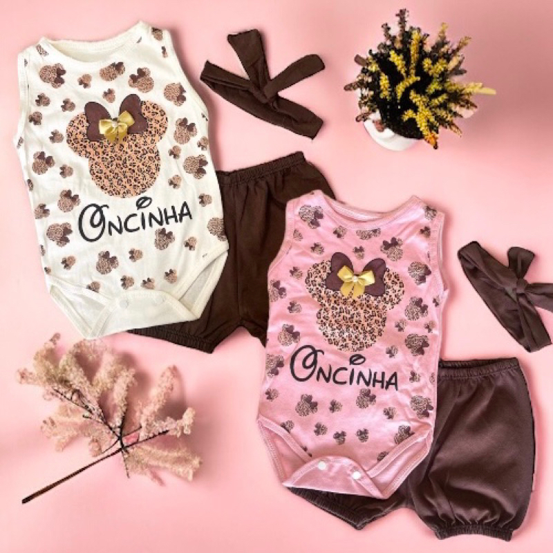 Conjunto para bebê Minnie oncinha Faixa de bebê Kit 3 peças com faixa ...