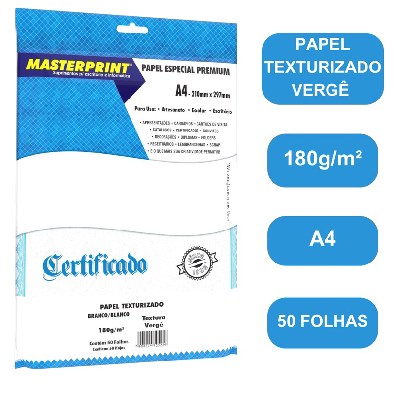 Papel Vergê Texturizado Branco 180g A4 Pacote c/50fls Masterprint Papel Premium | Shopee Brasil