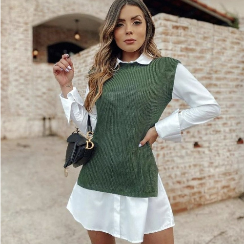 Colete Feminino Tricot Fang Outono Inverno Tricô Pullover Moda ...