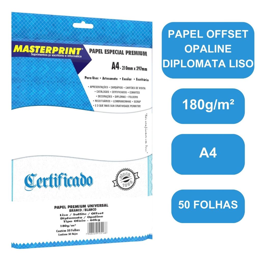Papel Cartão A4 Sulfite Offset Opaline Liso Diplomata 180g Masterprint | Shopee Brasil