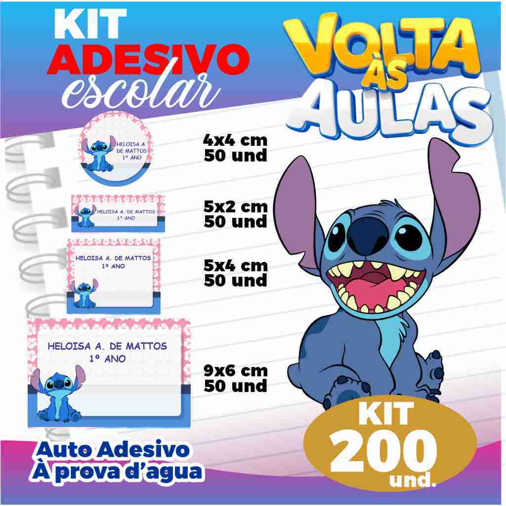 Kit adesivo escolar em vinil STITCH 200 UND - Alta resolução - não ...