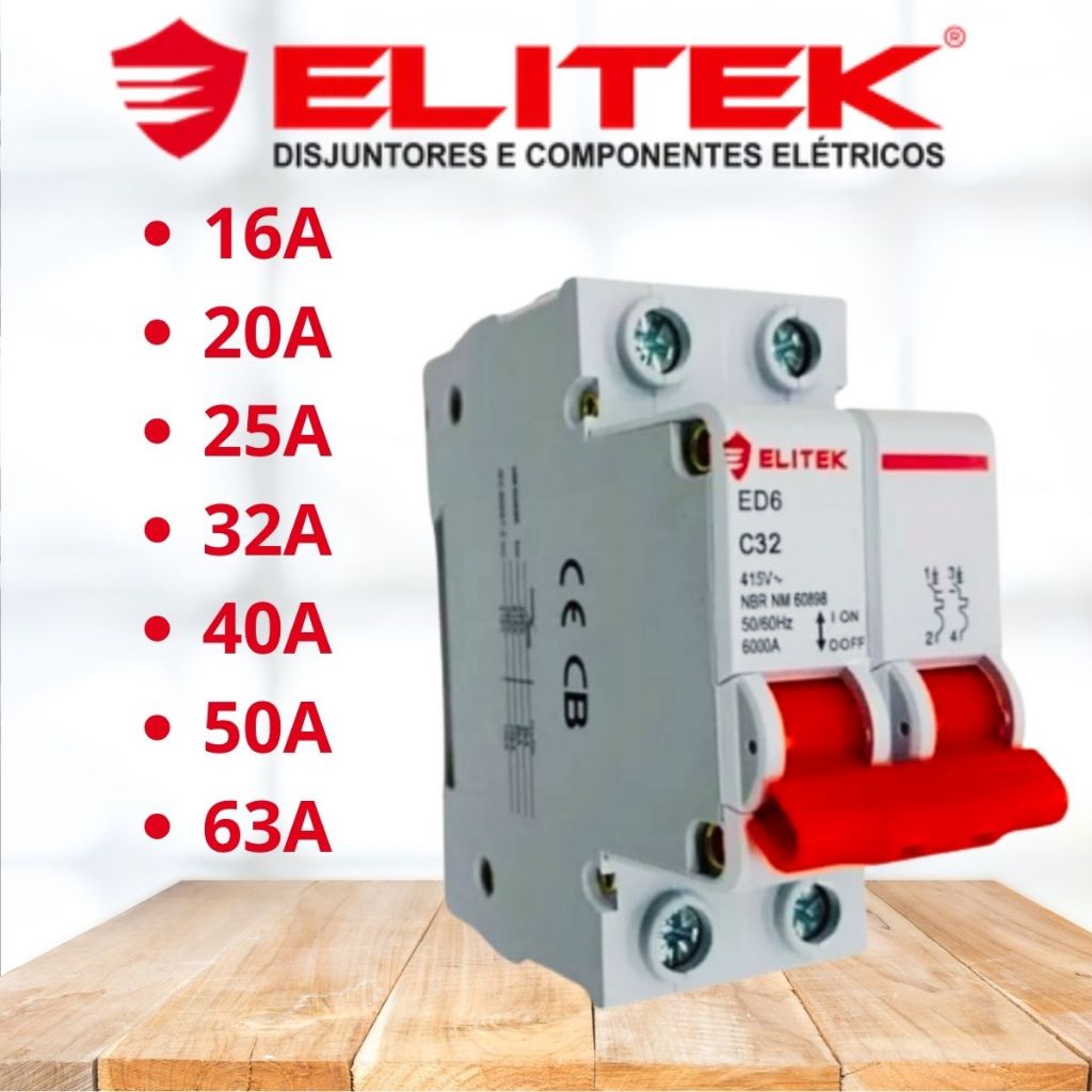 Disjuntor Bipolar Duplo Bifasico 2 Polos16a, 20a, 25a, 32a, 40a, 50a, 63a, Din ED6 Elitek ...