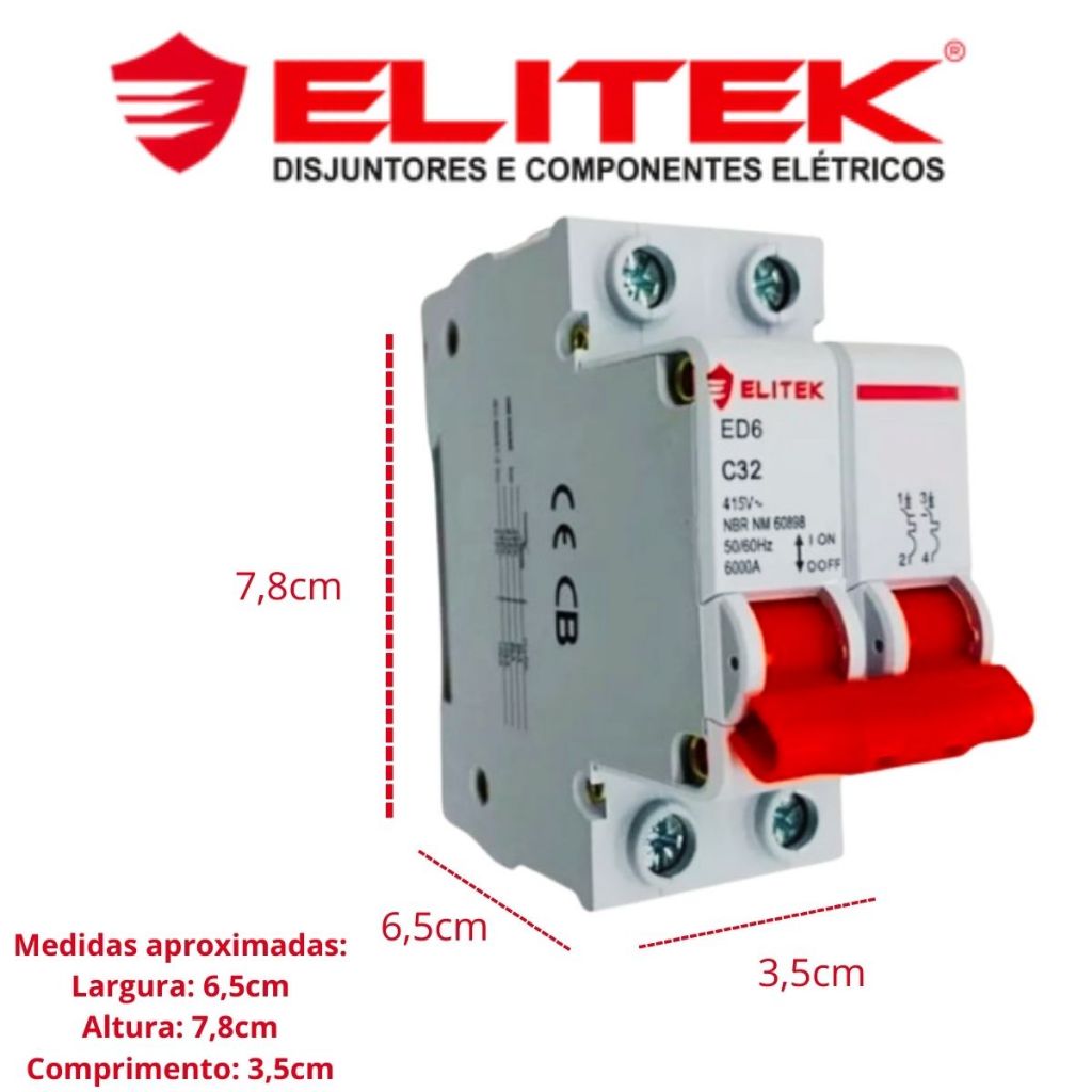 Disjuntor Bipolar Duplo Bifasico 2 Polos16a, 20a, 25a, 32a, 40a, 50a, 63a, Din ED6 Elitek ...
