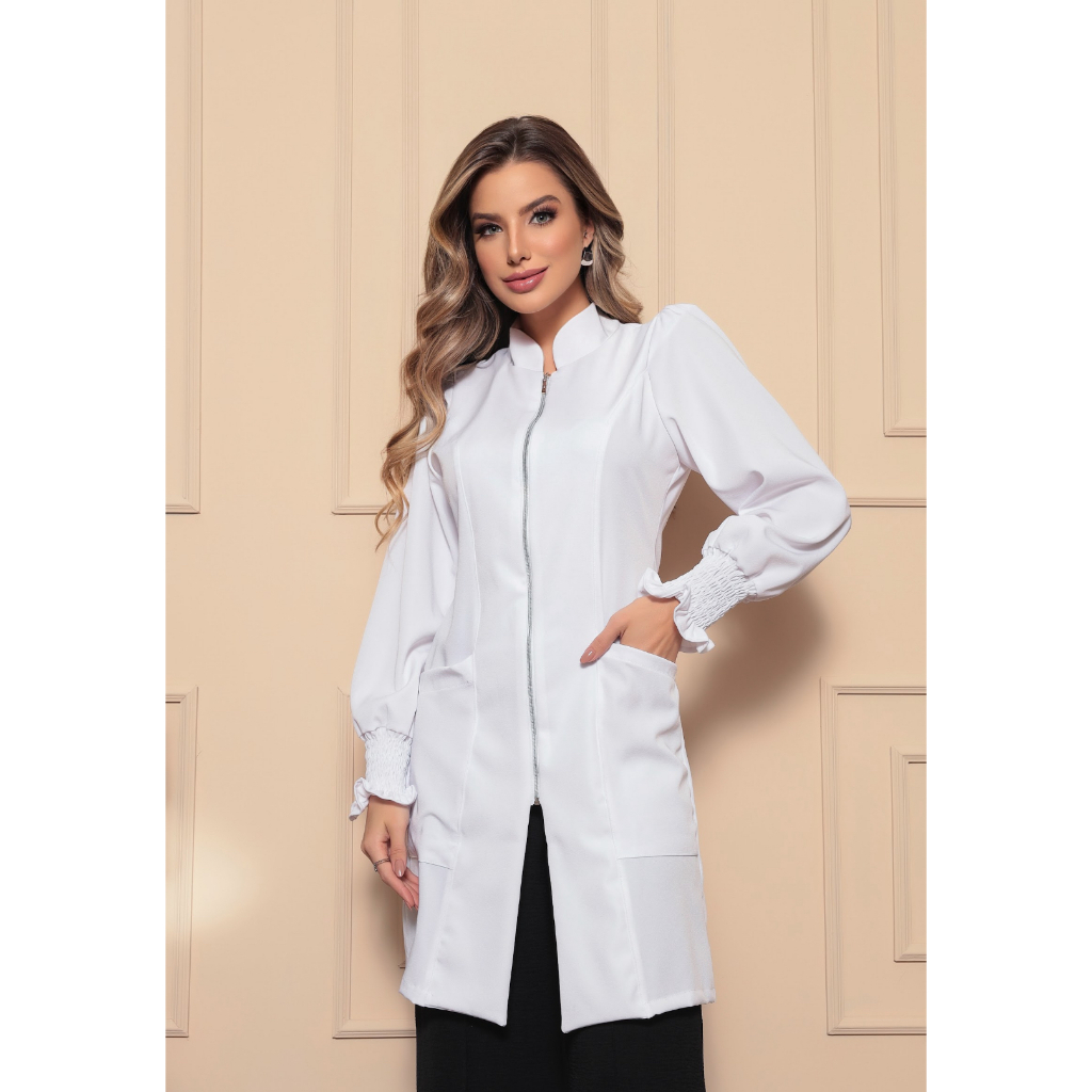 Jaleco Feminino Luxo Zíper Manga Bufante C/ Elastano Gabardine Sofie BRANCO | Shopee Brasil