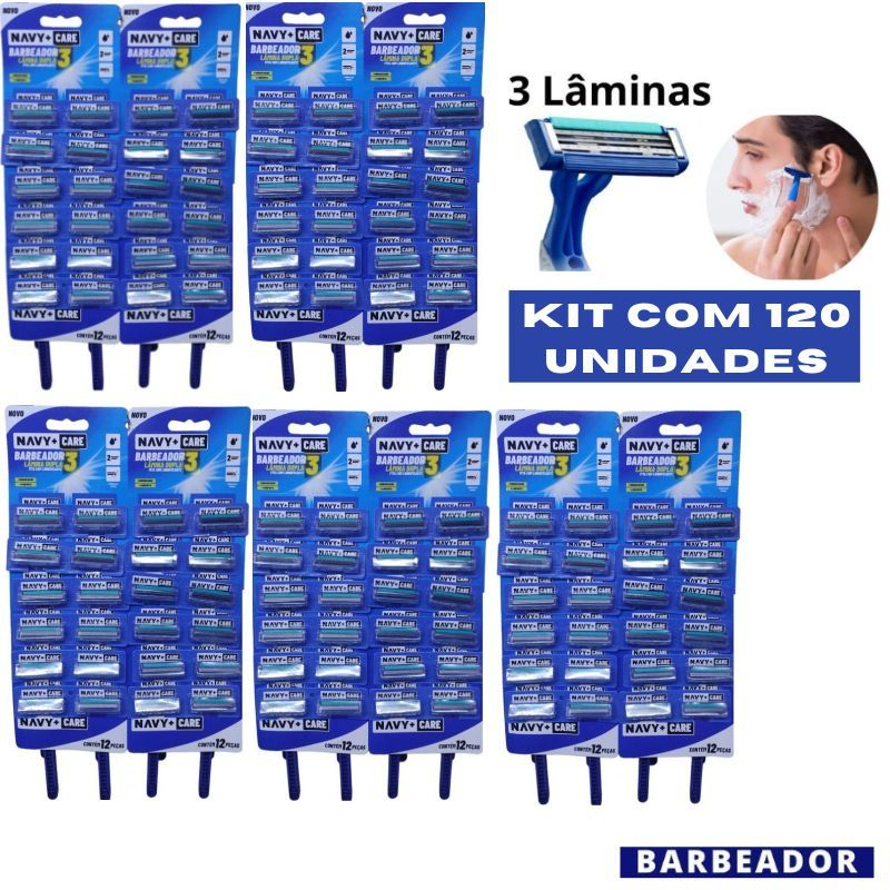 Kit 120 Unidades Aparelho Barbear Com 3 Lâminas Cartela Barbeador Descartável | Shopee Brasil