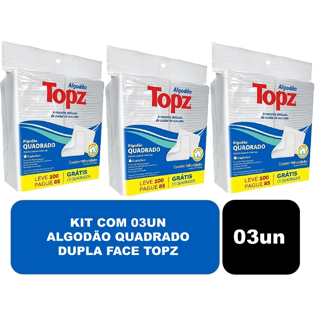 Kit com 03un Algodão Quadrado Dupla Face Topz 100 Unidades | Shopee Brasil