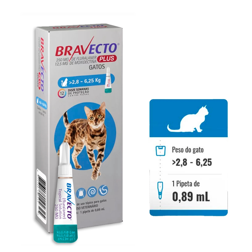 Bravecto Plus Gatos Transdermal De 2,8 A 6,25 Kg - 250 Mg | Shopee Brasil