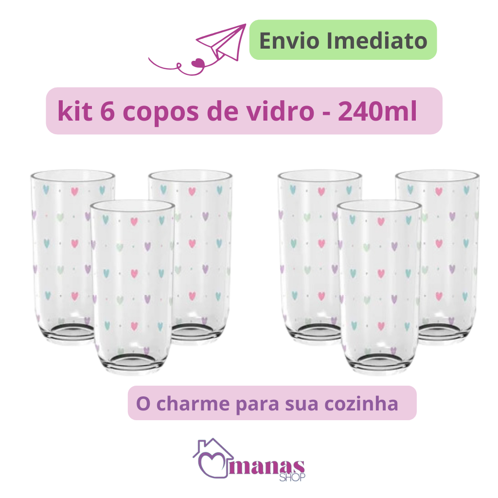Conjunto 6 Copos de Vidro Coração 240ml | Copos Decorados para Água ...