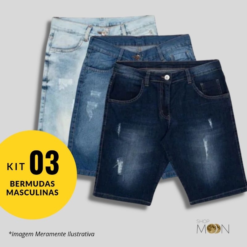 Kit Bermuda Jeans Masculino com Elastano | Shopee Brasil