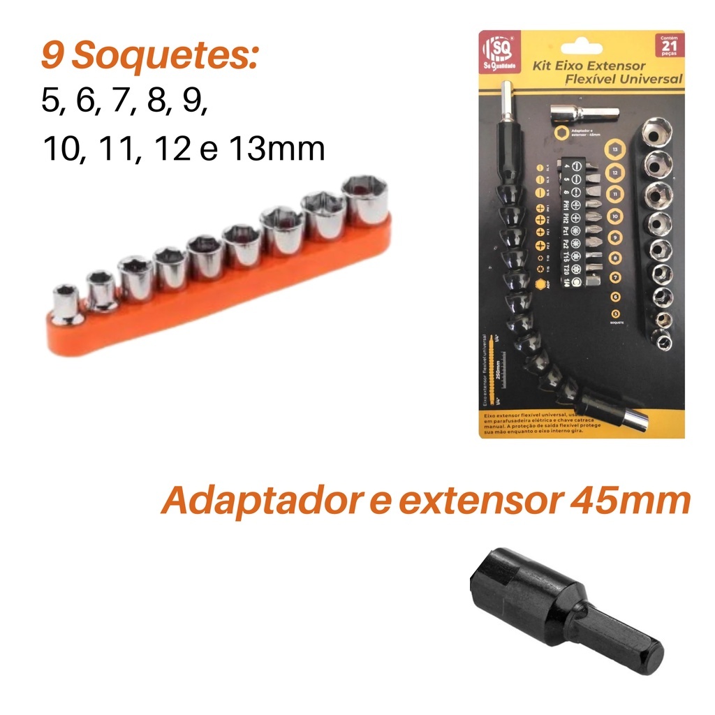 Jogo Chave Extensor Prolongador Flexível Parafusadeira Universal 21 ...