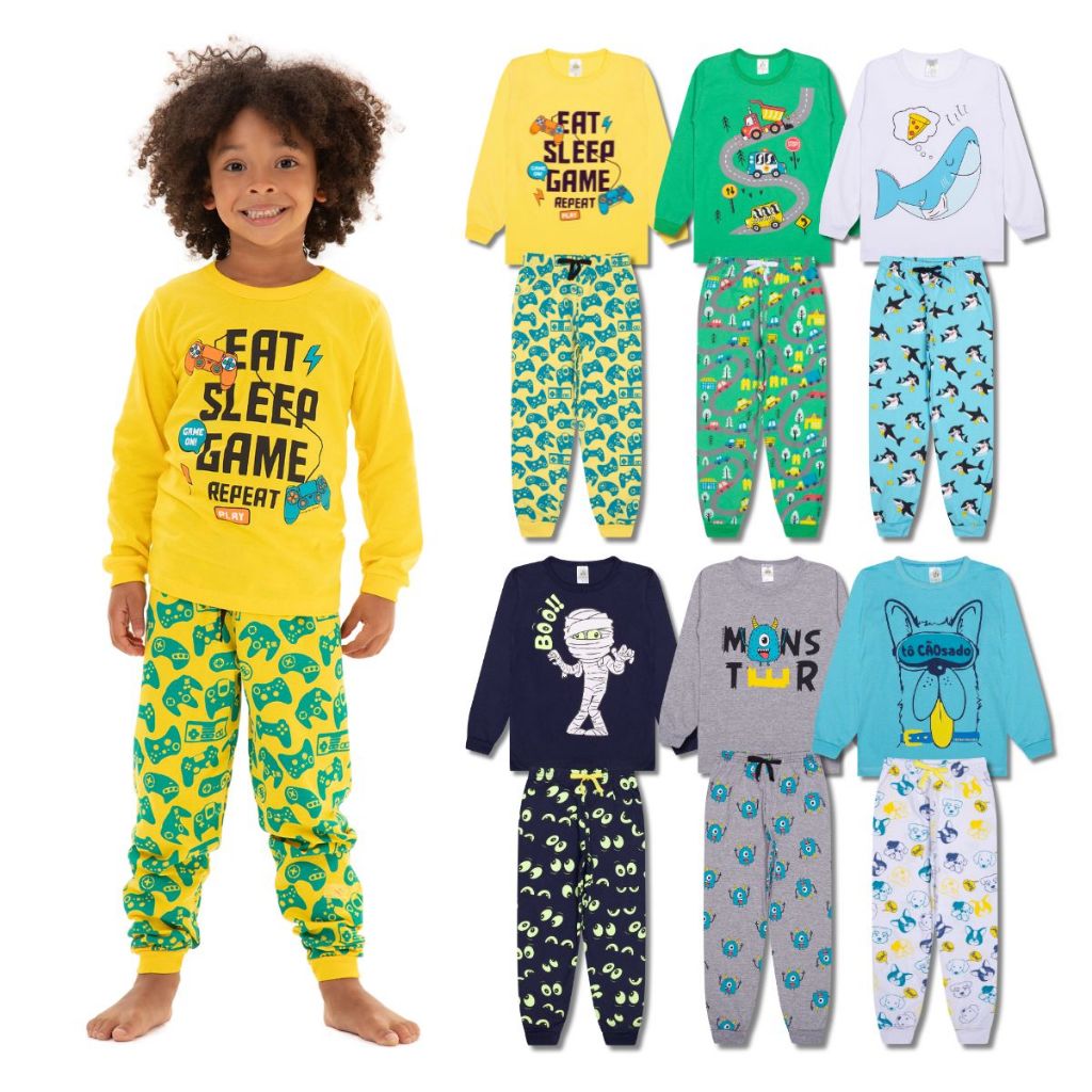 Kit Sortido 6 Peças Pijama Comprido Infantil Menino - 3 Camisas + 3 ...