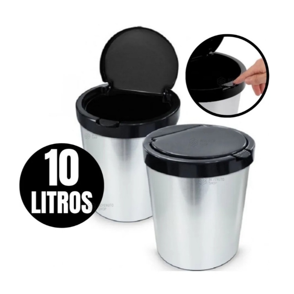 Lixeira Cesto Tipo Inox Com Tampa Click 10 Litros Prata Banheiro ...