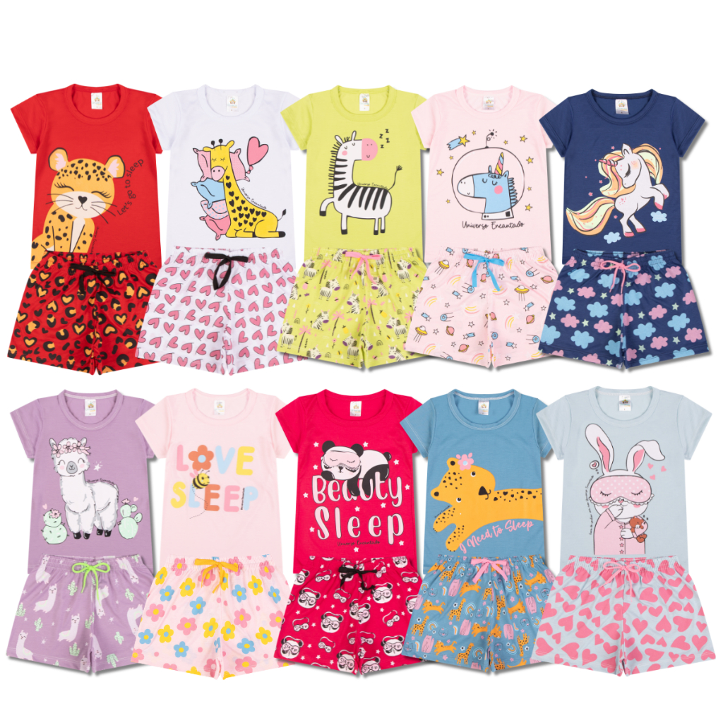 Kit 6 Peças de Pijamas Infantis para Meninas Confortáveis e Cheios de ...