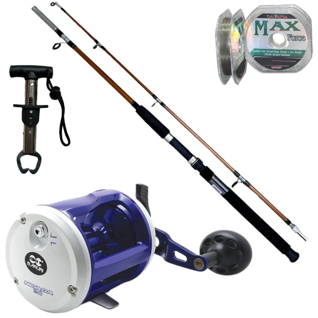 Kit Pesca Pesada Alto Mar Carretilha Maruri Nevada 20 Perfil Alto 4 Rol ...
