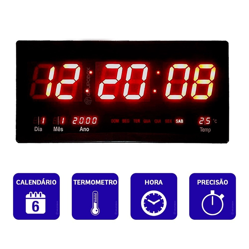 Relógio De Parede Digital Grande Em Led Data Termômetro Calendário Dias ...