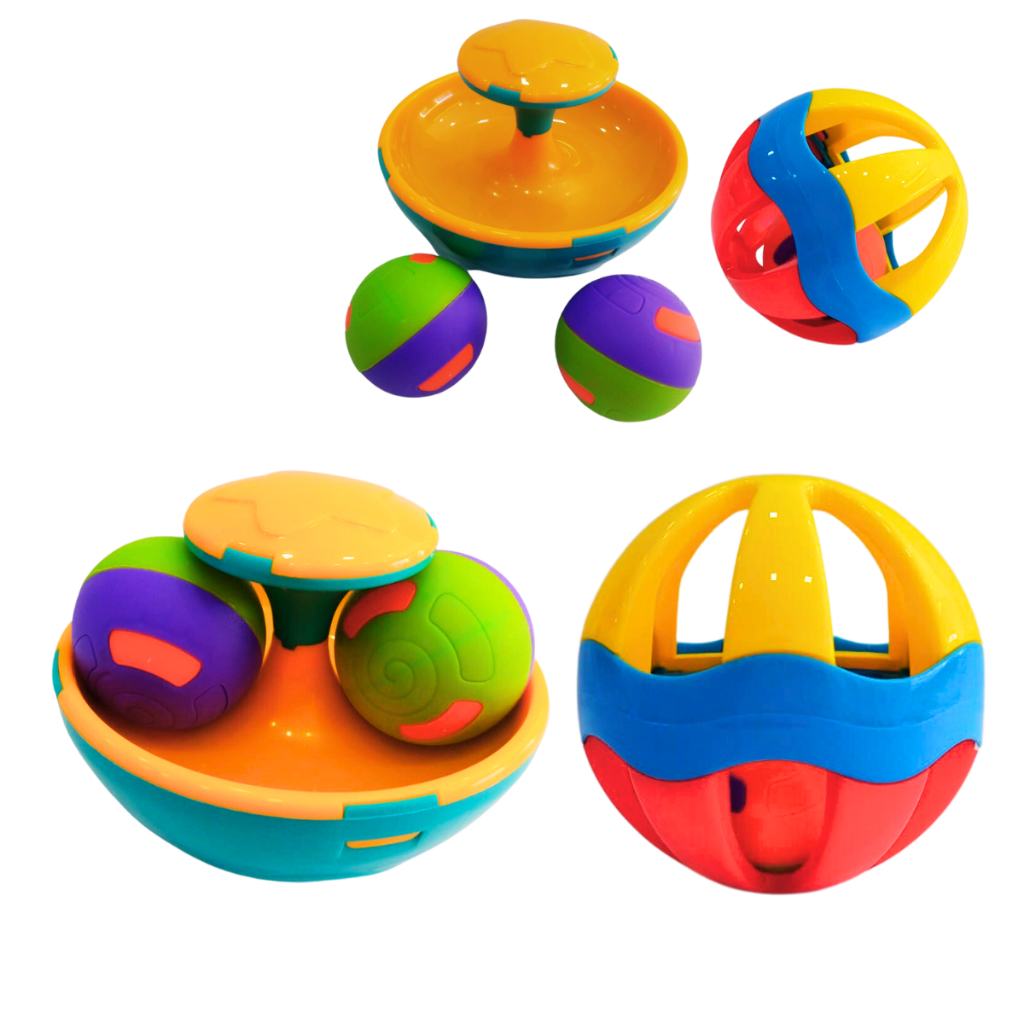 KIT 2 BRINQUEDOS DIDÁTICOS P/ BEBÊ PIÃO GIRA BALL + CHOCALHO COM ...