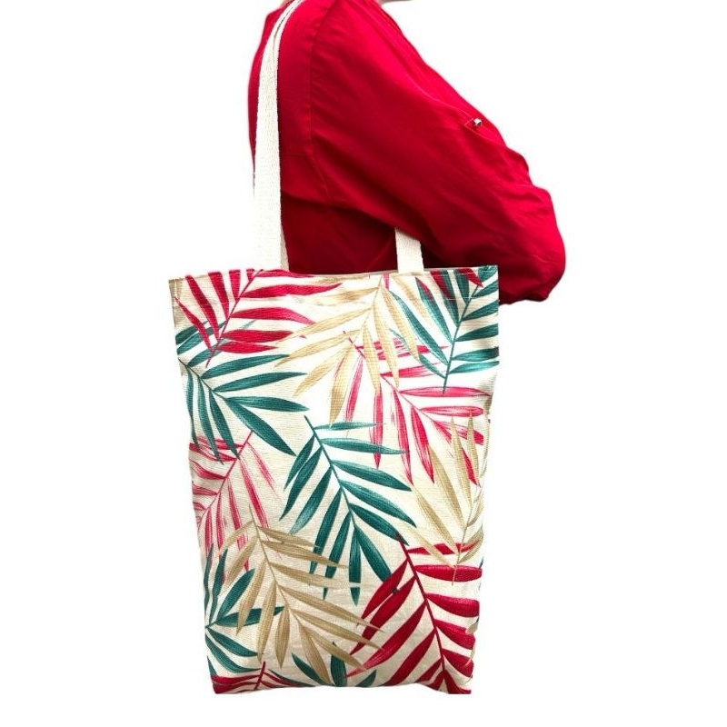 Sacola Bolsa Ecobag Algodão Cru e tecido Desenho Folhas Moda praia 35x40 Frente Estampada ...