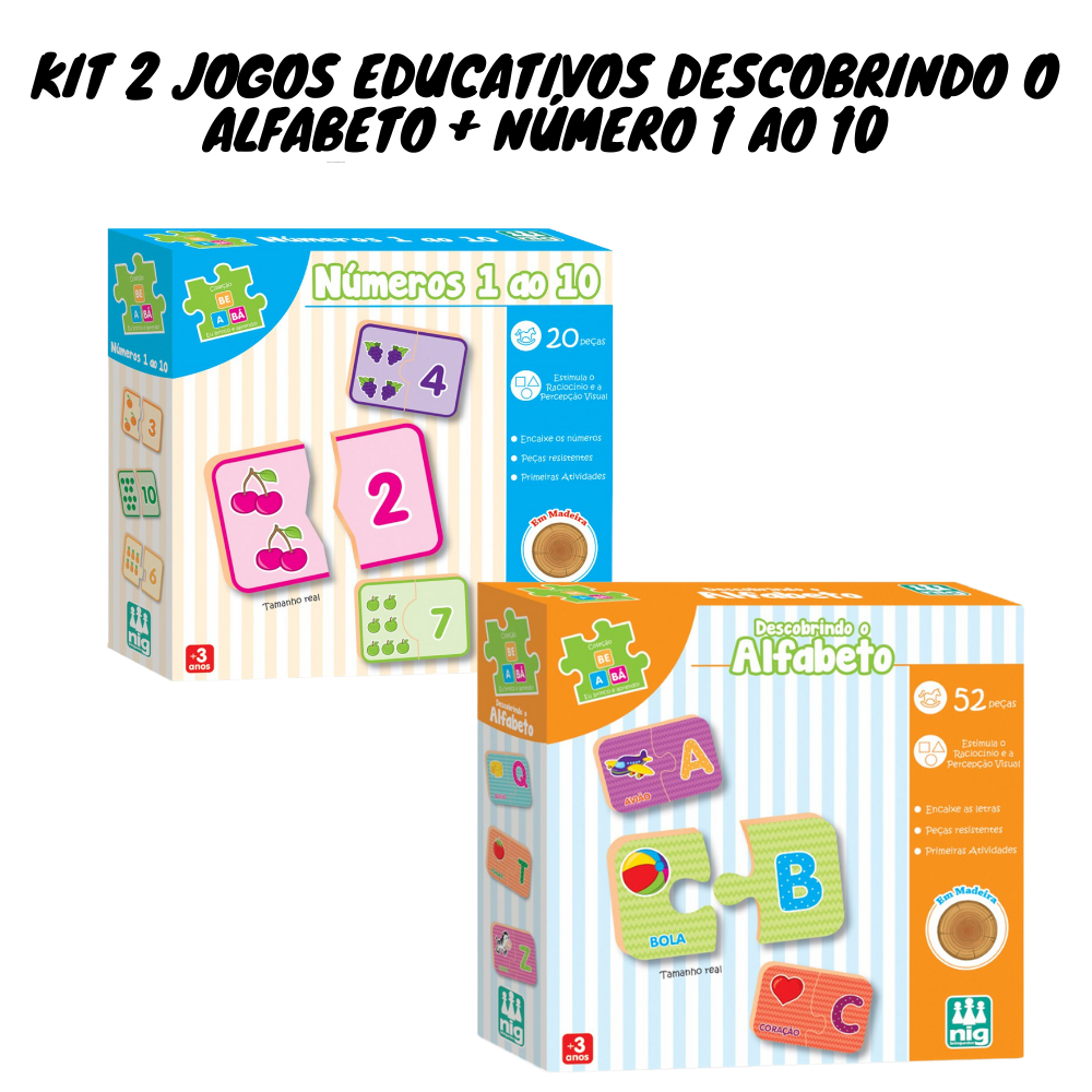 Kit 2Jogos Educativos Quebra Cabeca Infantil Descobrindo O Alfabeto + Numero 1 ao 10 Em Madeira ...