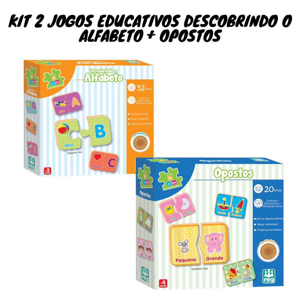 Kit 2Jogos Educativos Quebra Cabeca Infantil Descobrindo O Alfabeto + Opostos Em Madeira Nig ...