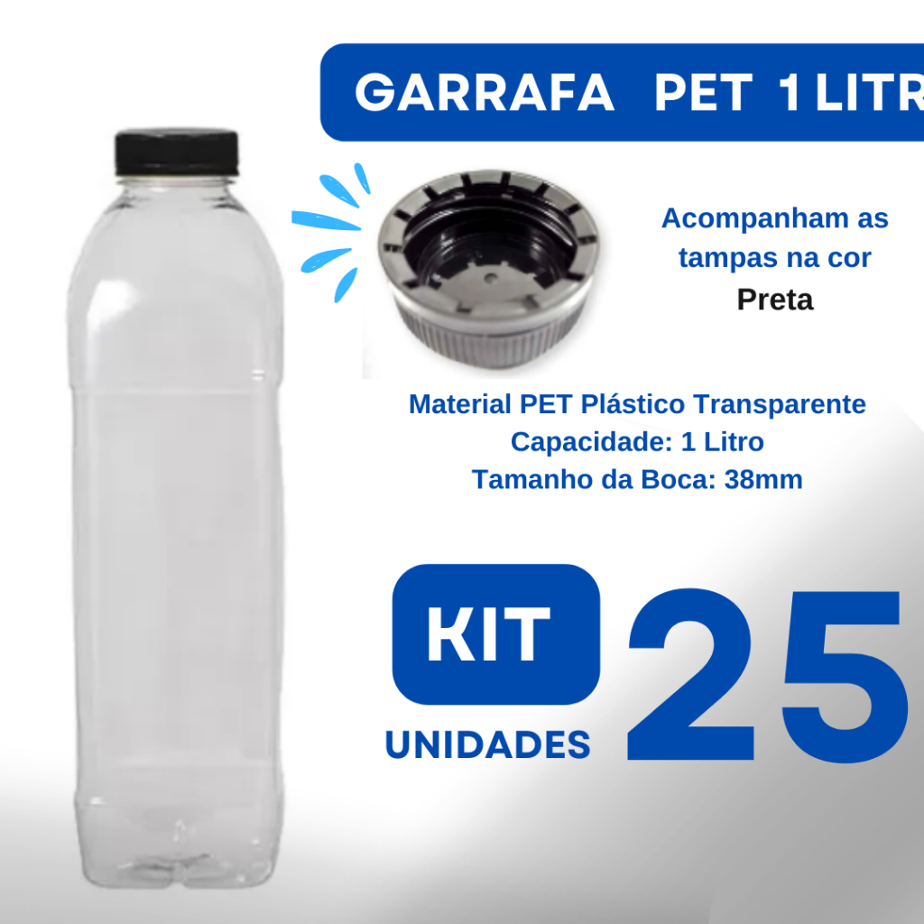Garrafa Plástica PET 1 Litro c/25 Transparente com Tampa/Lacre na cor ...