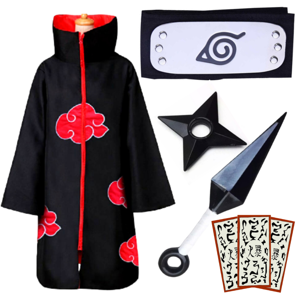 Manto da Akatsuki Completo Kit Bandana + Kunai + Shuriken + Selo Ninja ...