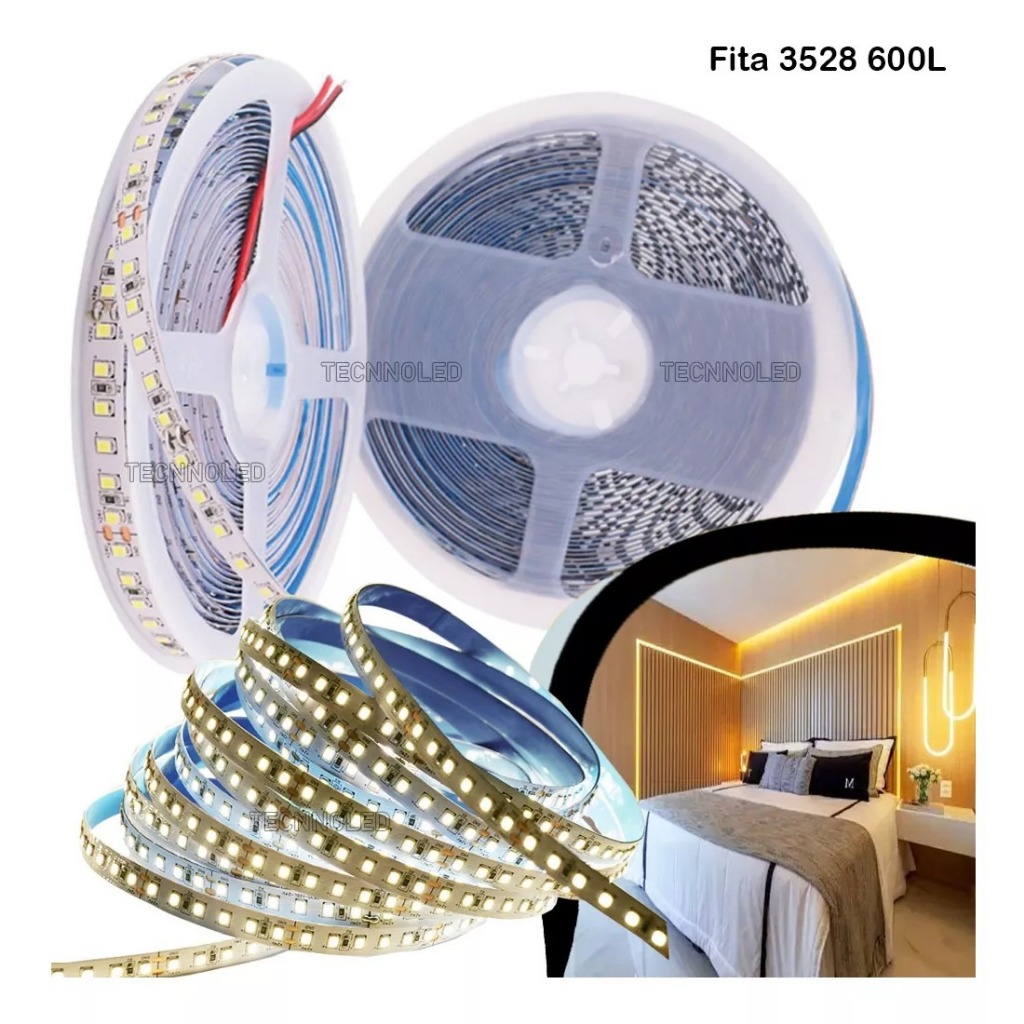2 Fita Led 3528 Para perfil de Led Rolo 5 metros com 600 Led 48w Branco Quente Ip20 3500k ...