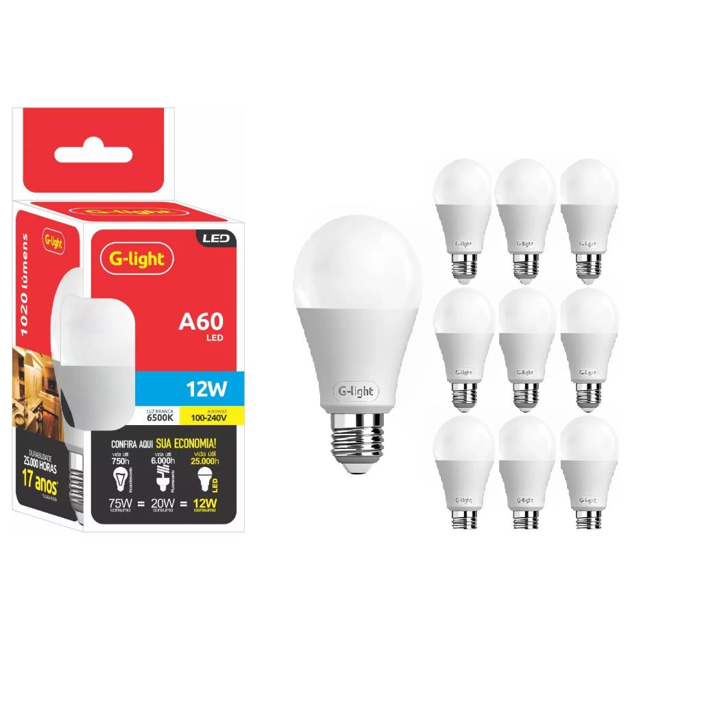 Kit 10 Lâmpadas Led Bulbo 12W 3000K 6500K Branco Quente/Frio - G Light - Faz a Boa!