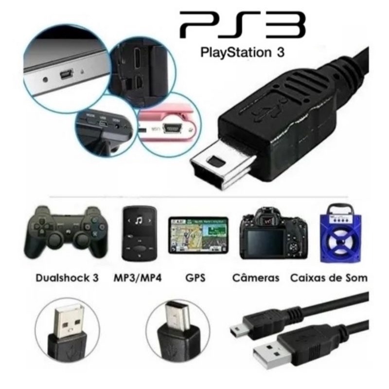 Cabo Usb V3 Para Carregar Controle De Ps3 Com 1.8 Metros V3 | Shopee Brasil