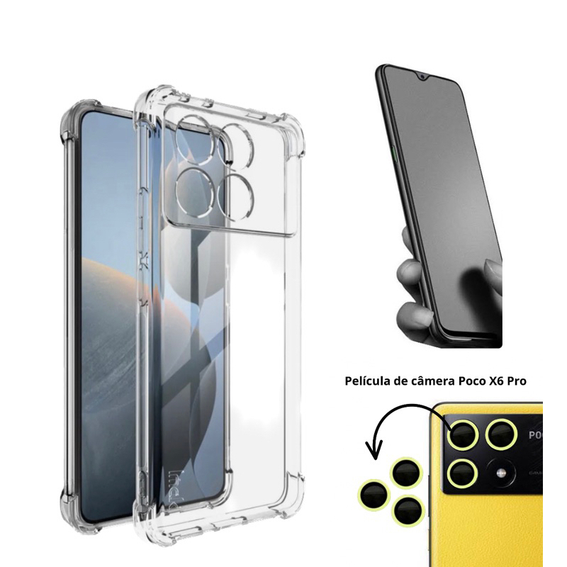 Kit 3X1 Xiaomi Poco x6 pro 5G- Película Frontal privacidade vidro 3D+ Capa Transparente Anti ...