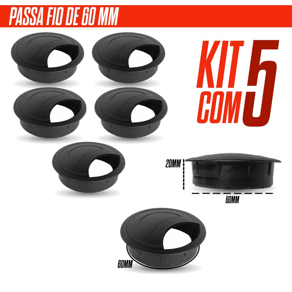 Kit 5 Unidade Passa Fio Cabo Preto 60mm Acabamento Mesa Escritorio Computador | Shopee Brasil