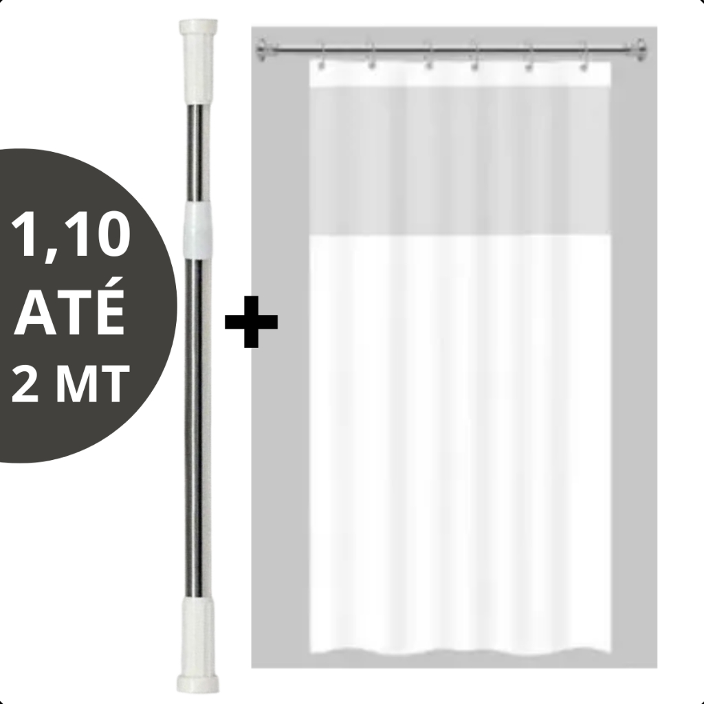 Kit Varão Extensivel + Cortina Box Vinil De Banheiro 1,10m até 2m de inox - Corre Que Ta Baratinho