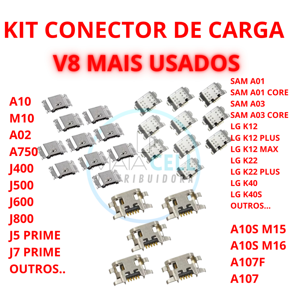kit conector de carga v8 modelos mais usados a01 a02 A10 m10 k12 j5 prime k40s k22 j3 j4 j5 ...
