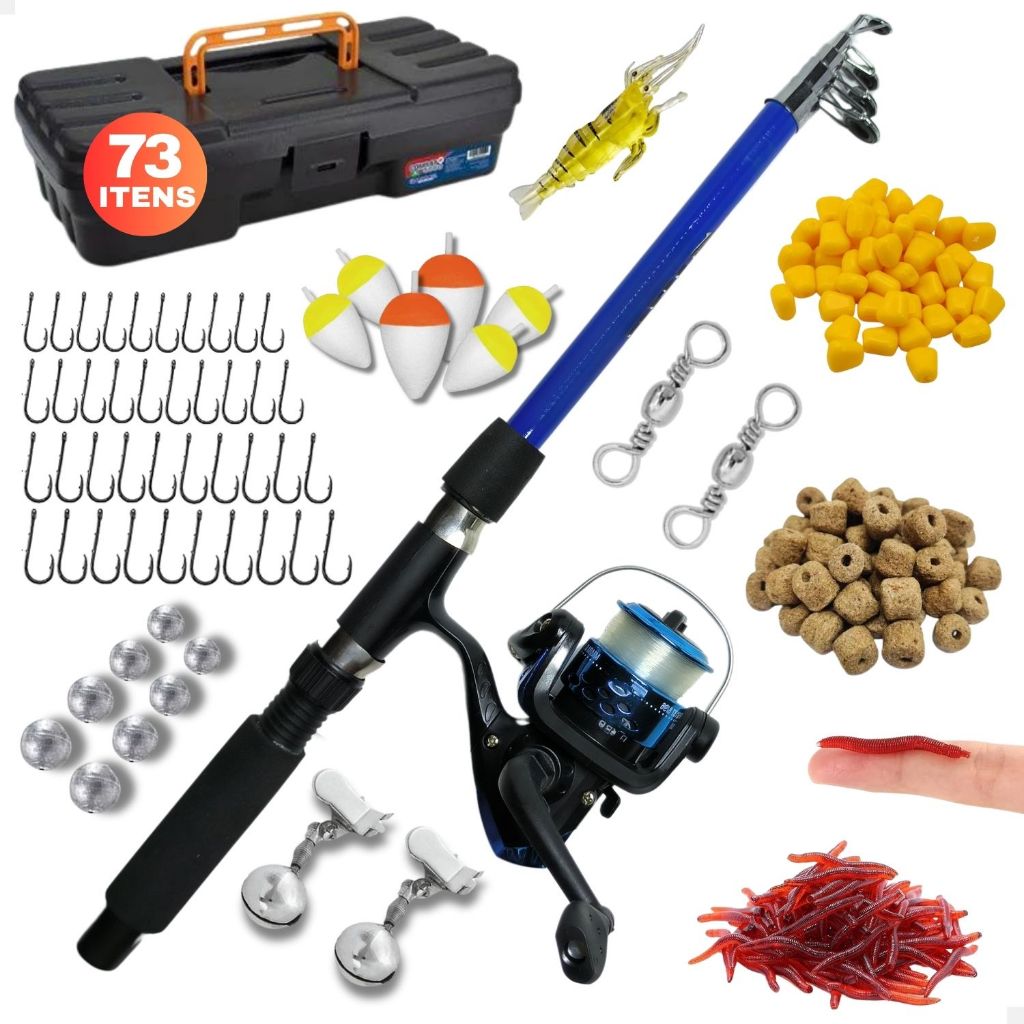 Kit De Pesca Completo Barato Vara Fibra de Vidro E Molinete Ultra Light Com Linha Maleta Com 73 ...