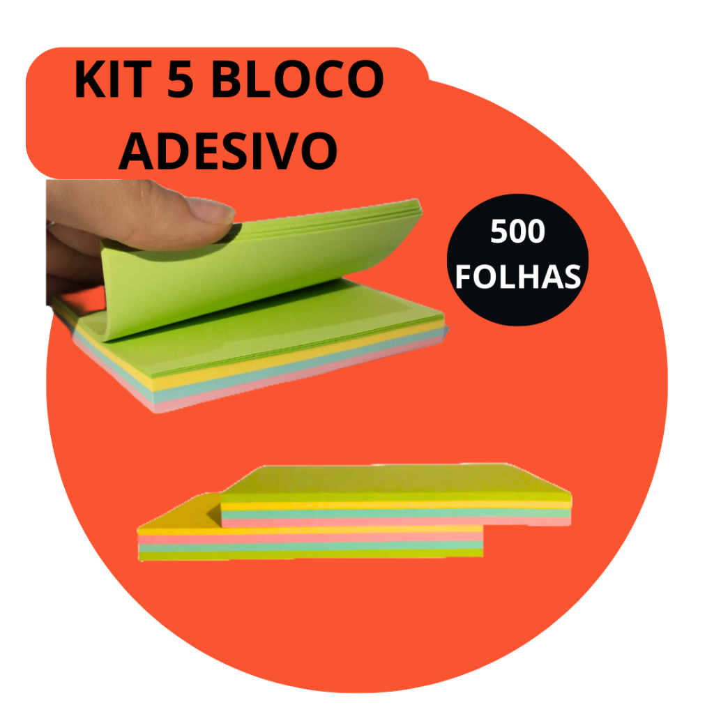 5 Bloco adesivo Para Notas Colorido 4 Cores 10cm x 7,5cm 500 folhas ...