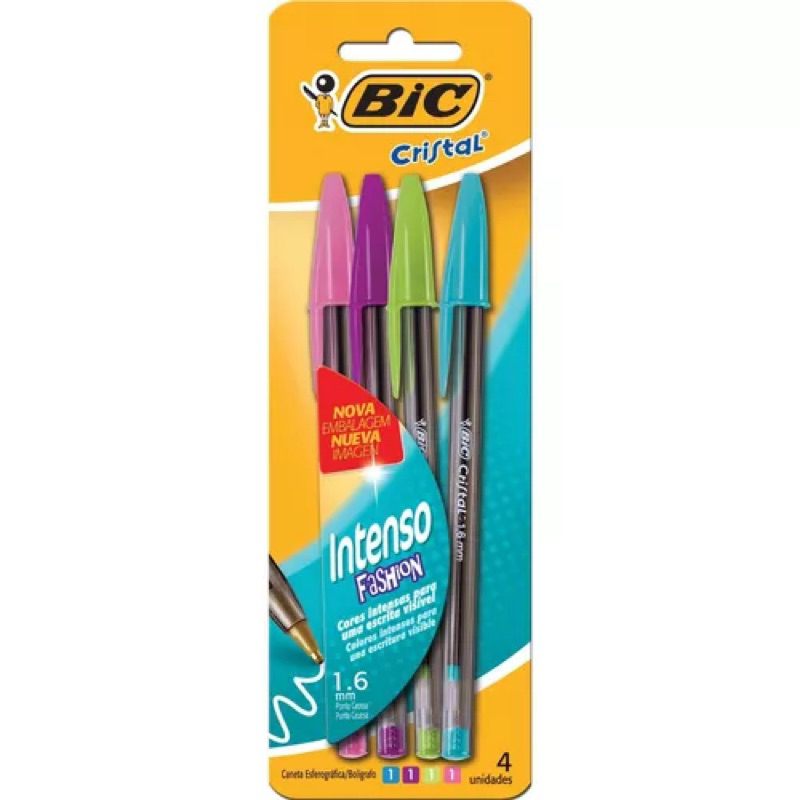 Caneta Esferográfica BIC Cristal Intenso Fashion, 4 Cores, Ponta Grossa de 1.6mm, Bold, Escrita ...