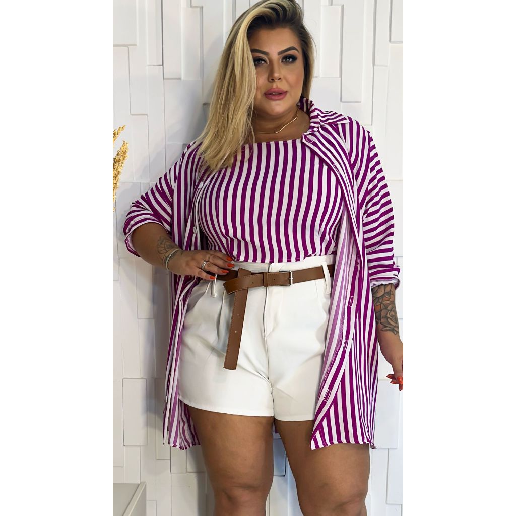 Maxi Camisa e Cropped Tendência Plus Size Listra Maite Pink All Curve ...