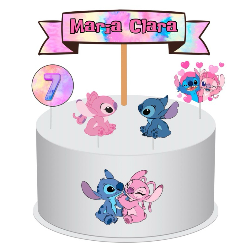 Topo/Topper para bolo Stitch e Angel personalizado com nome e idade ...