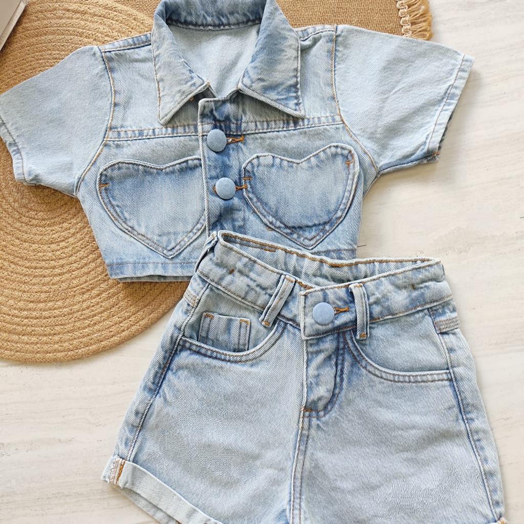 Conjunto Infantil Jeans Roupa Blogueirinha Detalhe Bolso De Coração ...