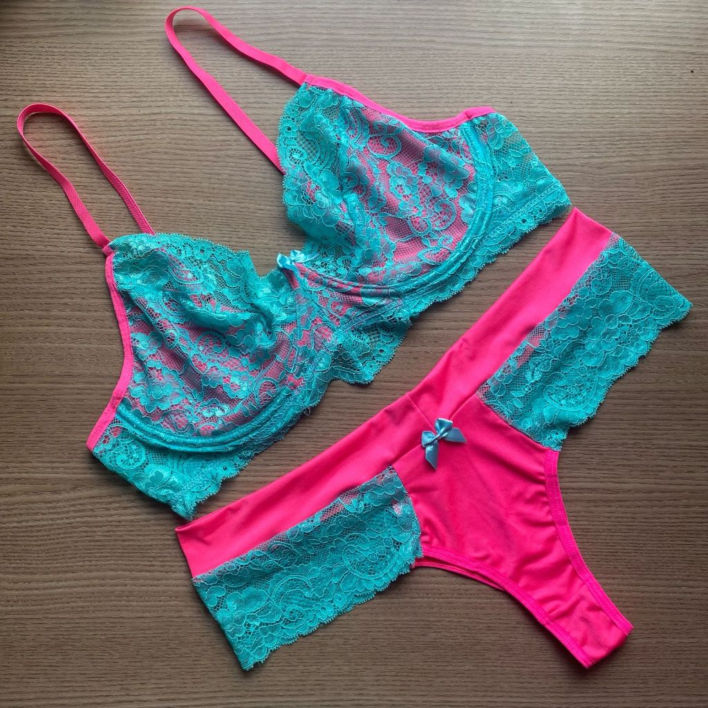 Conjunto de Lingerie Plus Size Microfibra e Renda Sexy Cores Neon ...